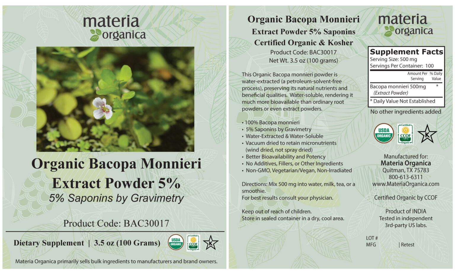 Bacopa Monnieri Extract Powder, 5% Saponins by Gravimetry, Organic Item ...